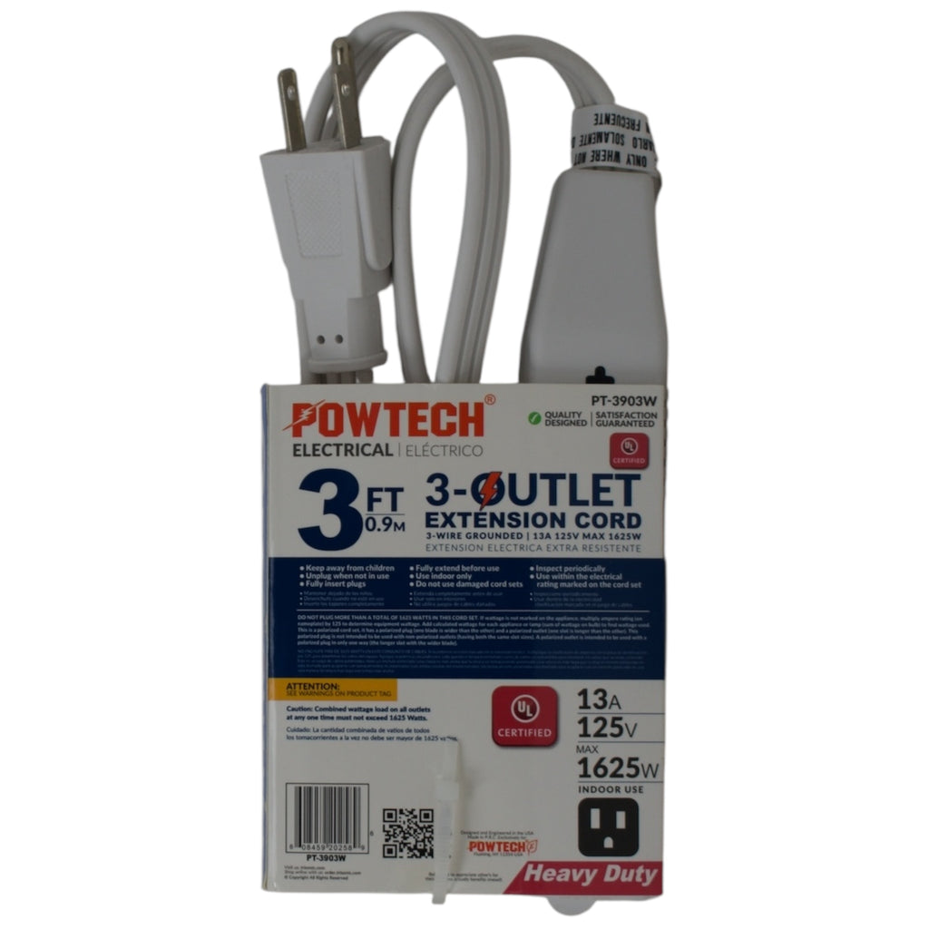 3' Foot 3 Outlet 3-Prong 13A Heavy Duty Grounded Extension Cord - UL C ...